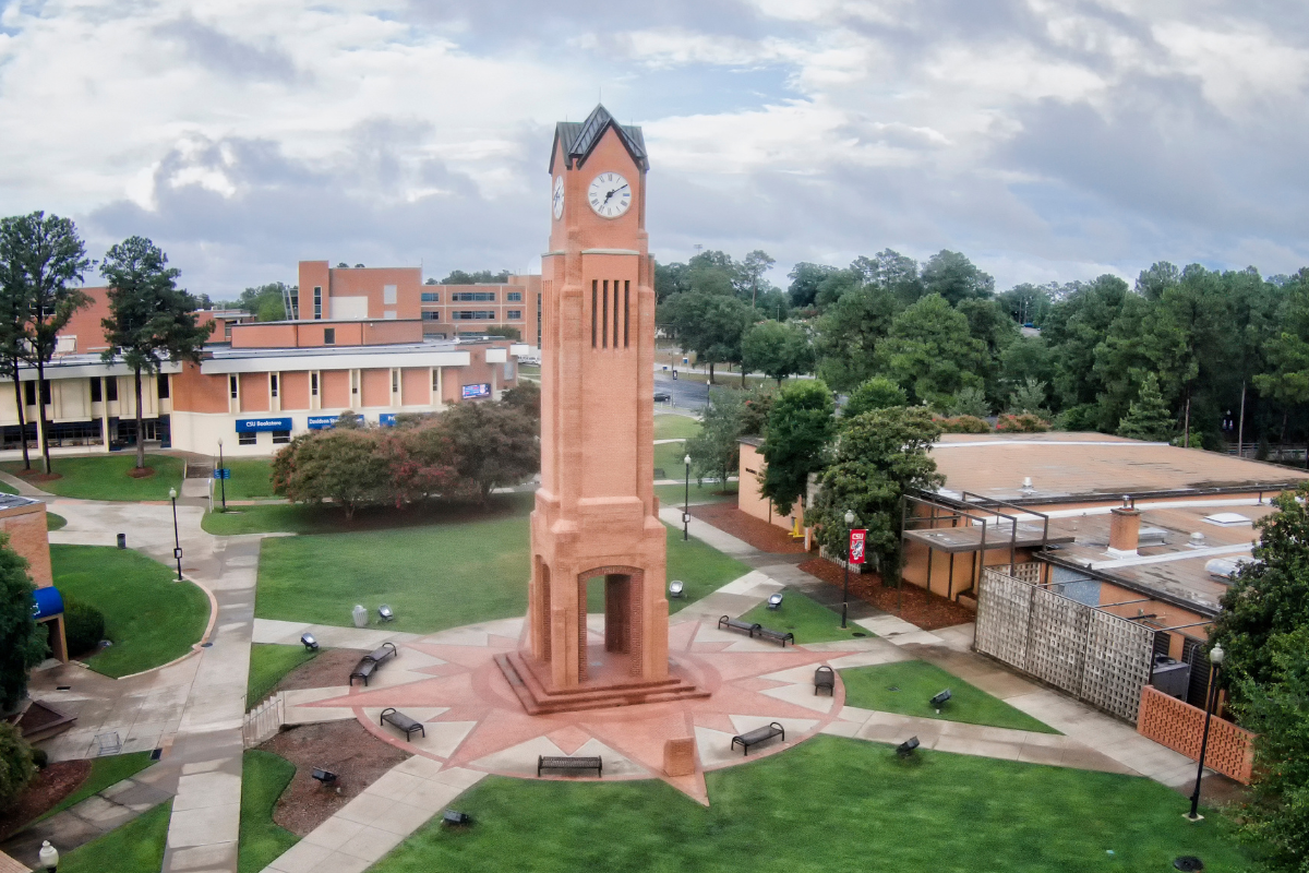 Aerial view of the Whitley Clock Tower quad, with Woodall Hall on the ...